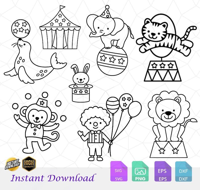 Circus Animals Outline SVG, PNG, Kids Coloring (cut File) - Etsy