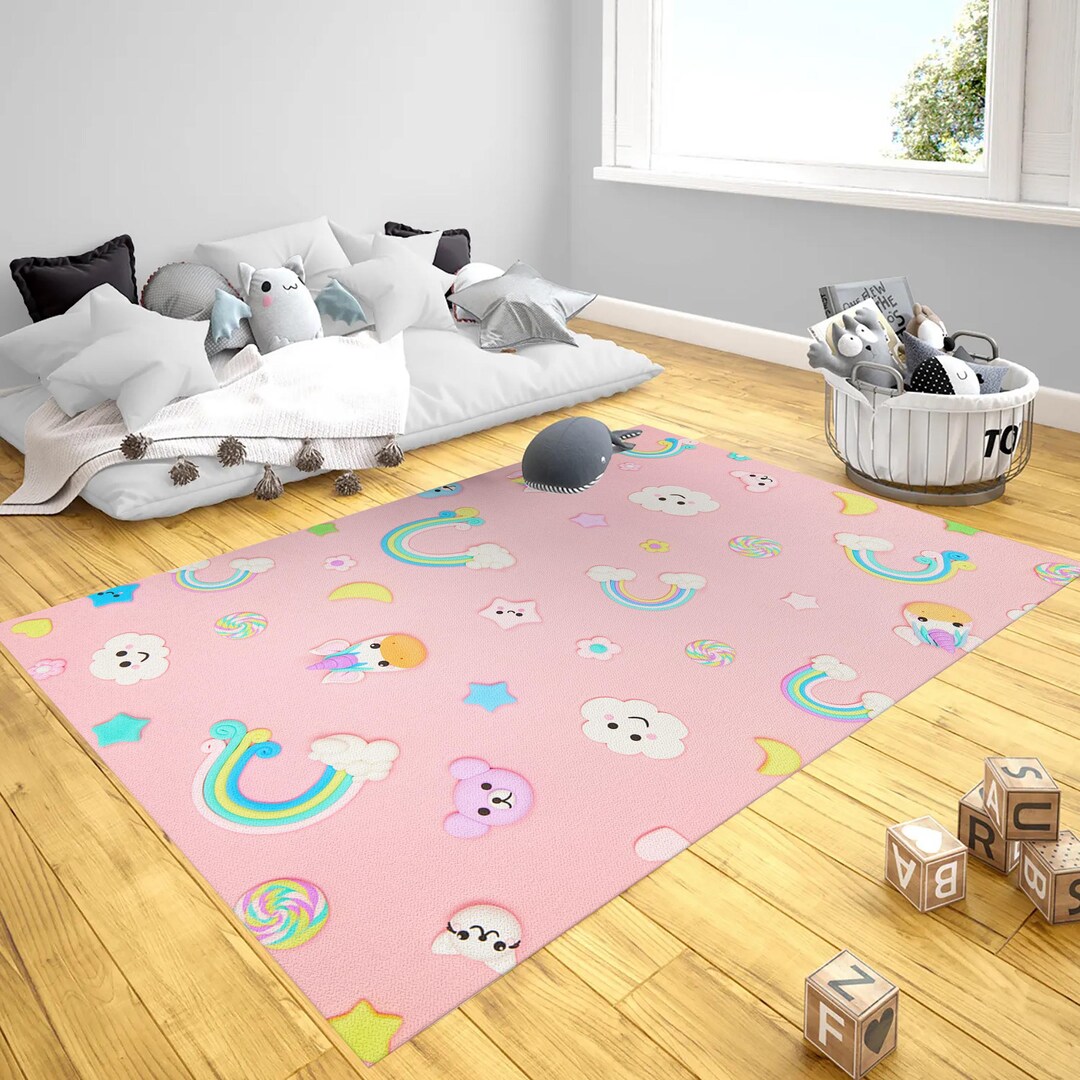 Pink Kids Rug With Rainbow Cloud Design Rug, Cute Cartoon Play Rug ...