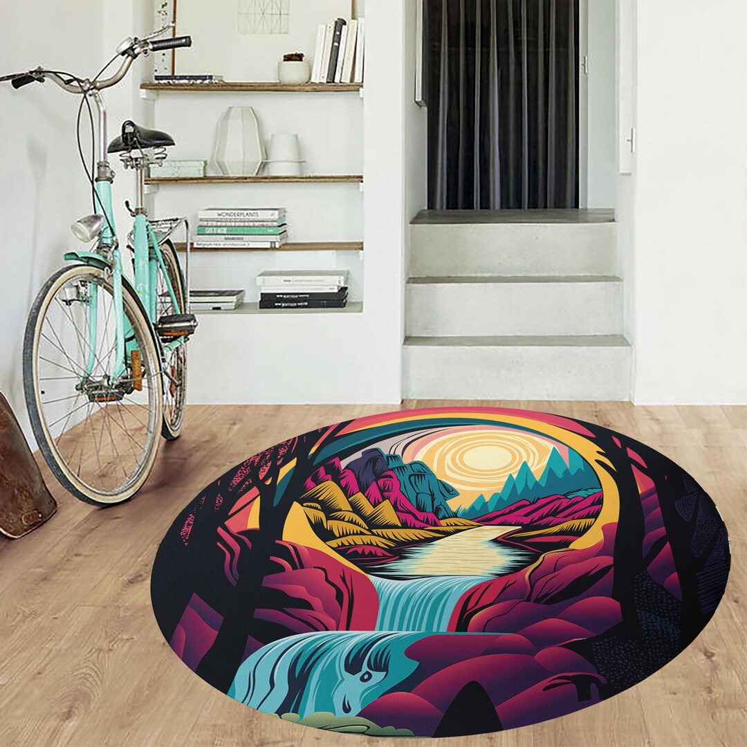 Colorful Fantasy Landscape Kids Rug, Round Adventure Playroom Rug ...