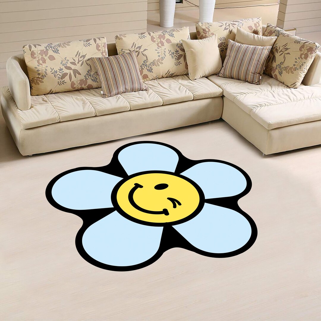 Trippy Smiley Face Rug, Daisy Carpet, Colorful Rug, Play Rug, Yellow ...