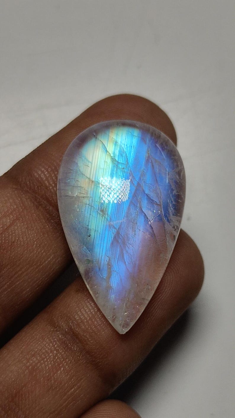 Rainbow Moonstone Cabochon, Royal Blue Fire Pear Stone (20x33 MM) - Etsy UK