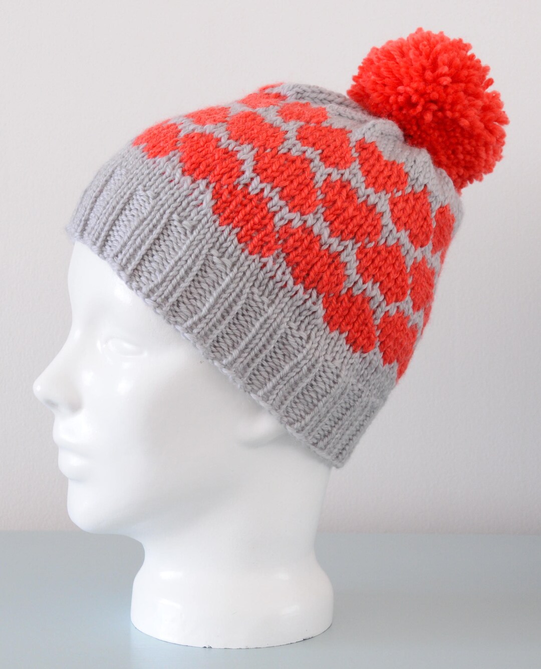 Red Heart Fair Isle Beanie Hat - Small Grey Modern Knitted Merino Wool ...