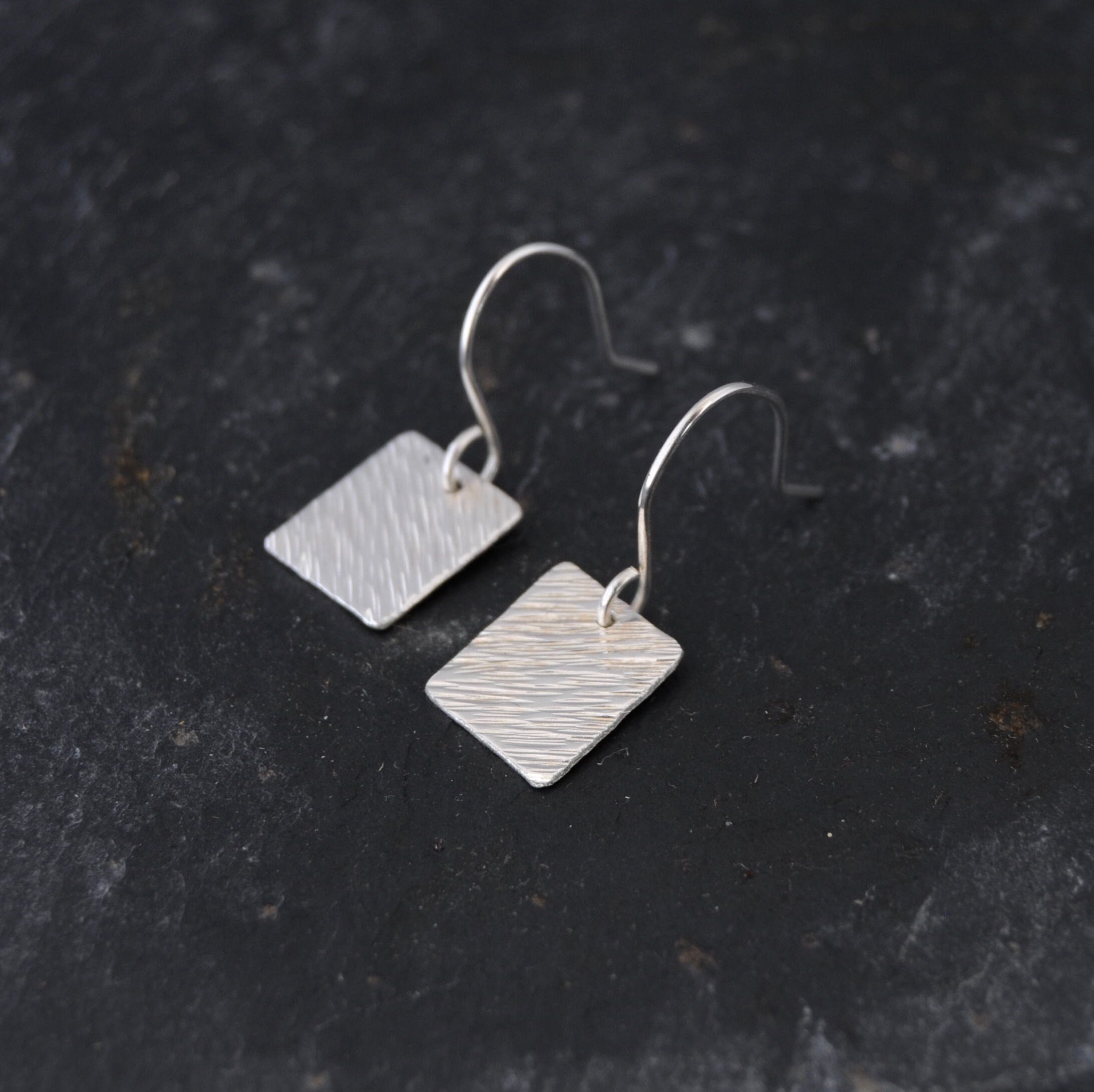 Small Silver Square Earrings - Diagonal Textured Metalwork Hammered ...