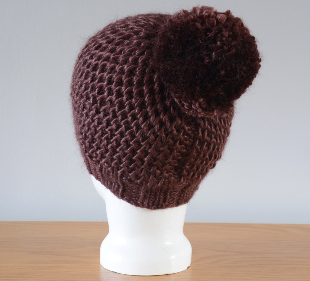 Chocolate Brown Pom Pom Beanie: Knitted Merino Silk Wool Hat - Etsy