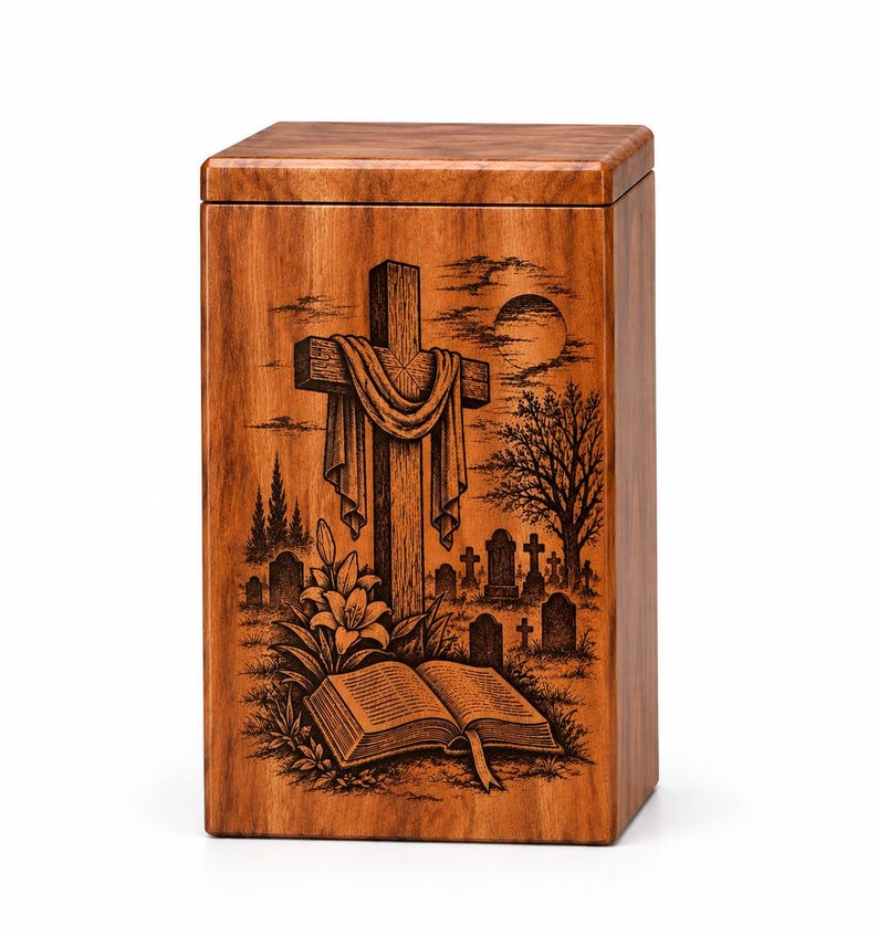 Christian Wooden Cremation Urn Box, Engraved Cross, Cemetery Scene ...