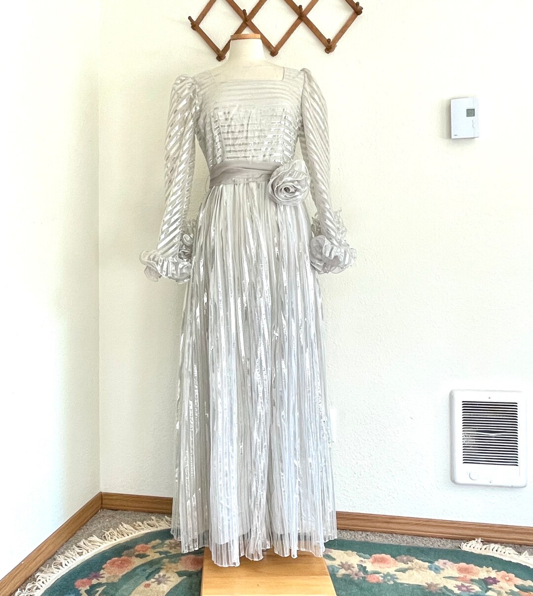 1970s Kay Kipps Silver Lurex Party Gown: Ruffled Sleeves, Rosette Sash ...