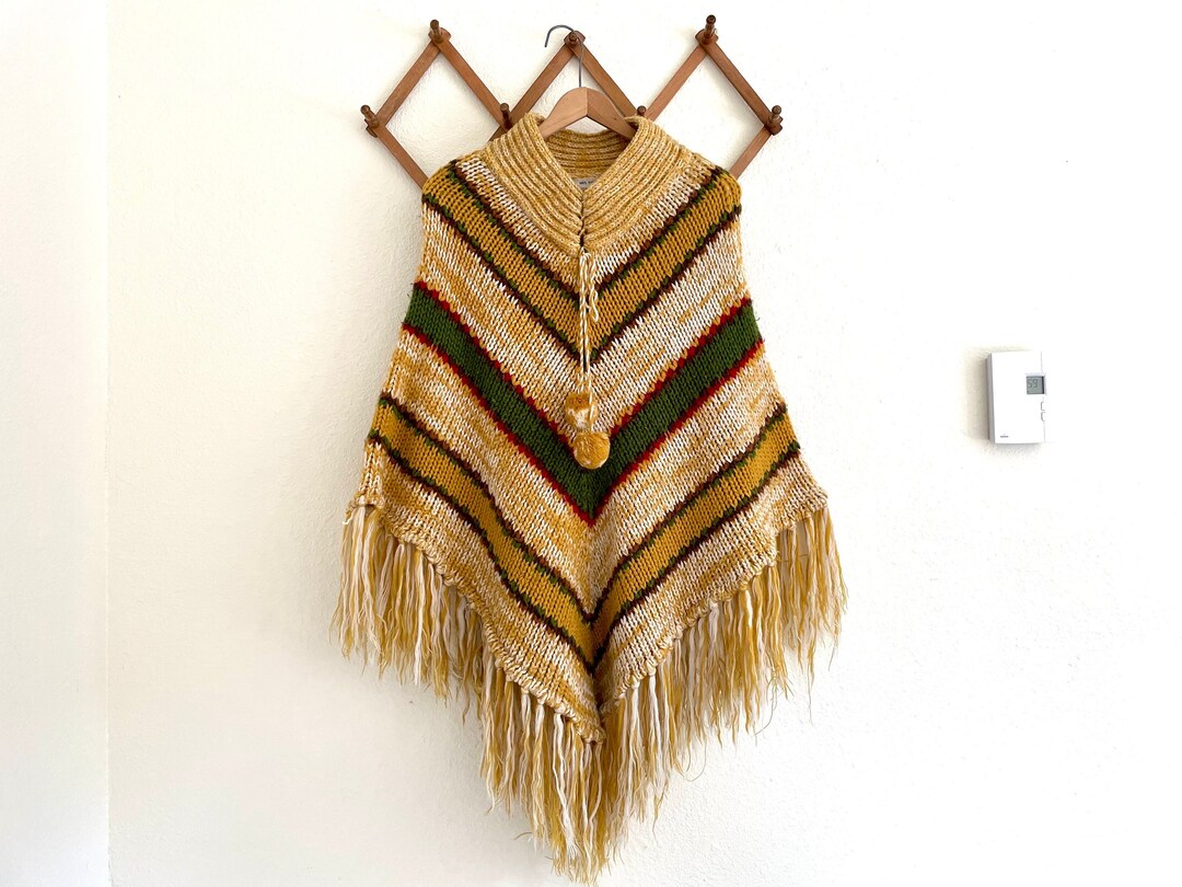 Vintage Acrylic Knit Large Poncho With Fringe and Pom Poms Tie at Neck ...