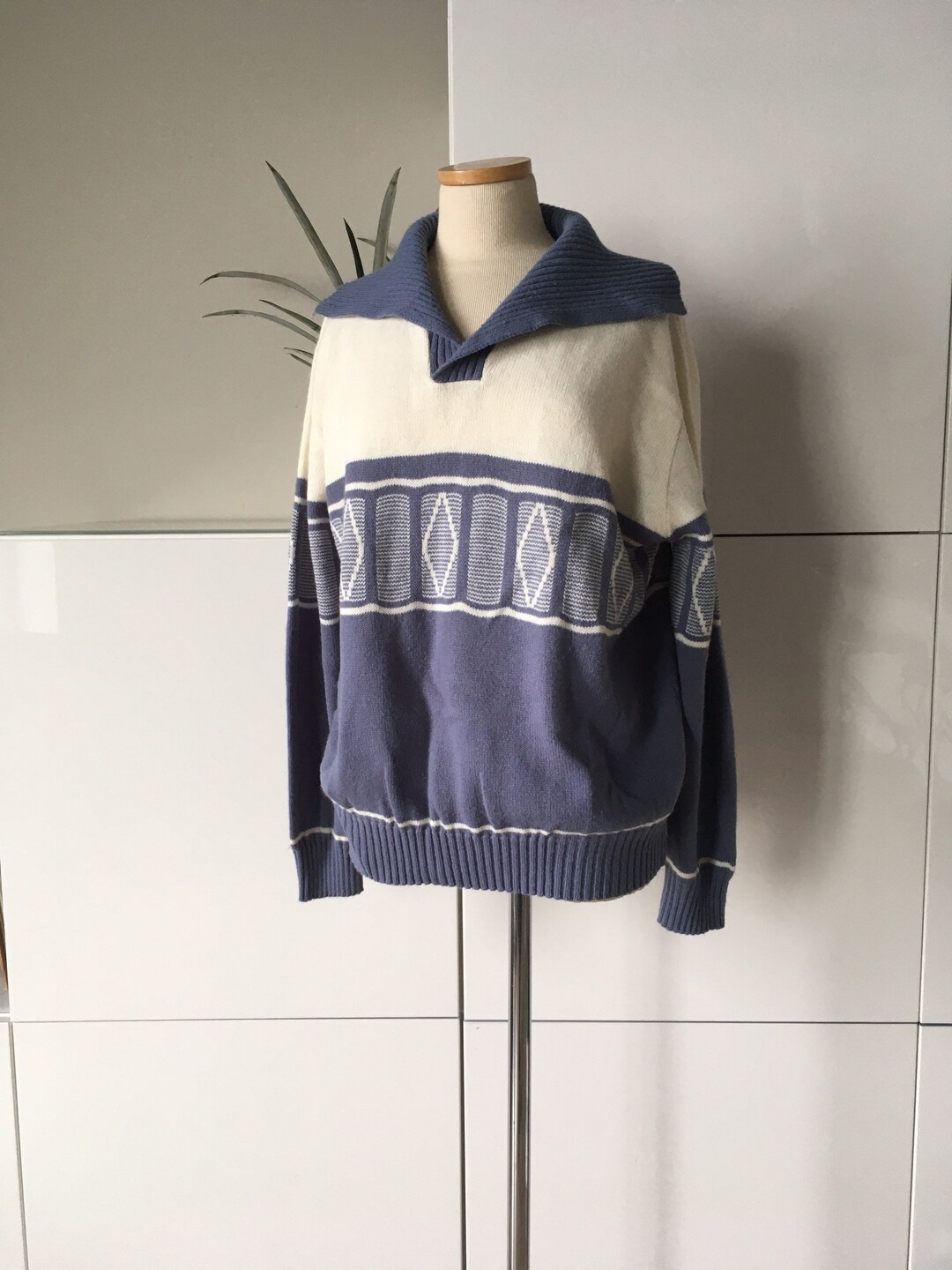 1970s Vintage CLAUDE by BRENTWOOD Pullover Blue and White Sweater ...