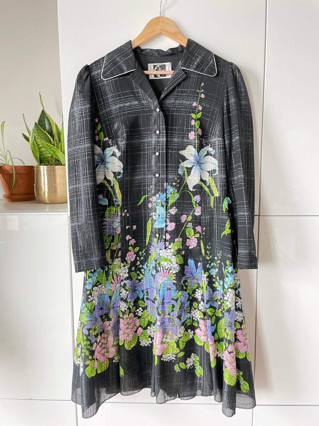1970s Vintage Black Floral Metallic Silver Lurex Midi Dress Long ...