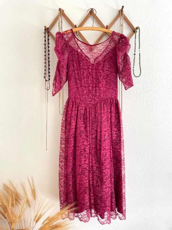 1980s Vintage Berry Lace and Satin Formal Dress / Pro… - Gem