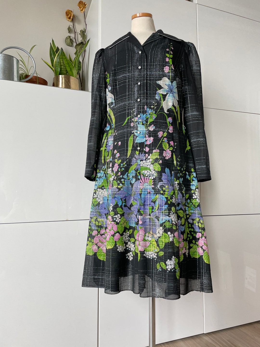 Vintage Black Floral Metallic Silver Lurex Midi Dress Long Sleeves ...