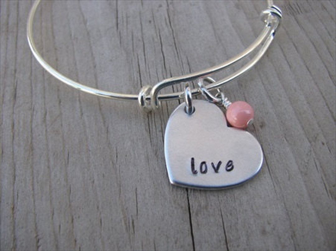 Hand-stamped 'love' Heart Bangle Bracelet With Accent Bead of Your ...