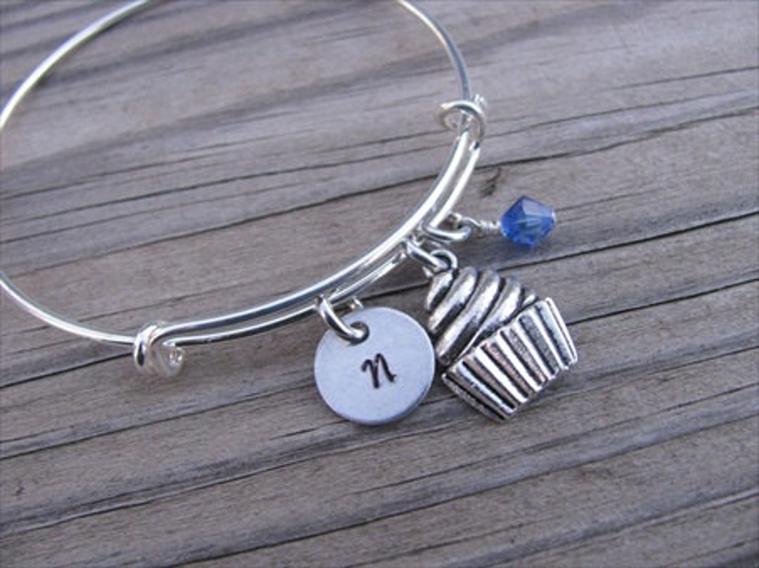 Cupcake Charm Bangle Bracelet: Hand-stamped Initial, Adjustable ...