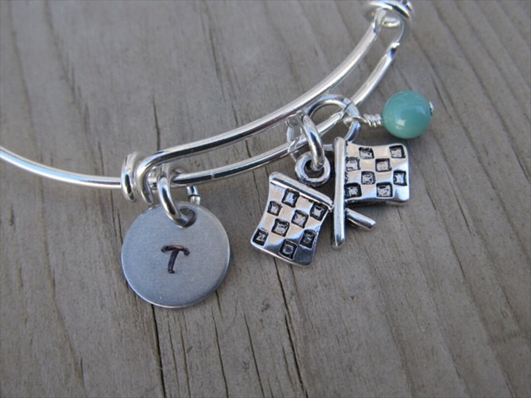Racing Flags Bangle Bracelet: Personalized Initial Charm, Accent Bead ...