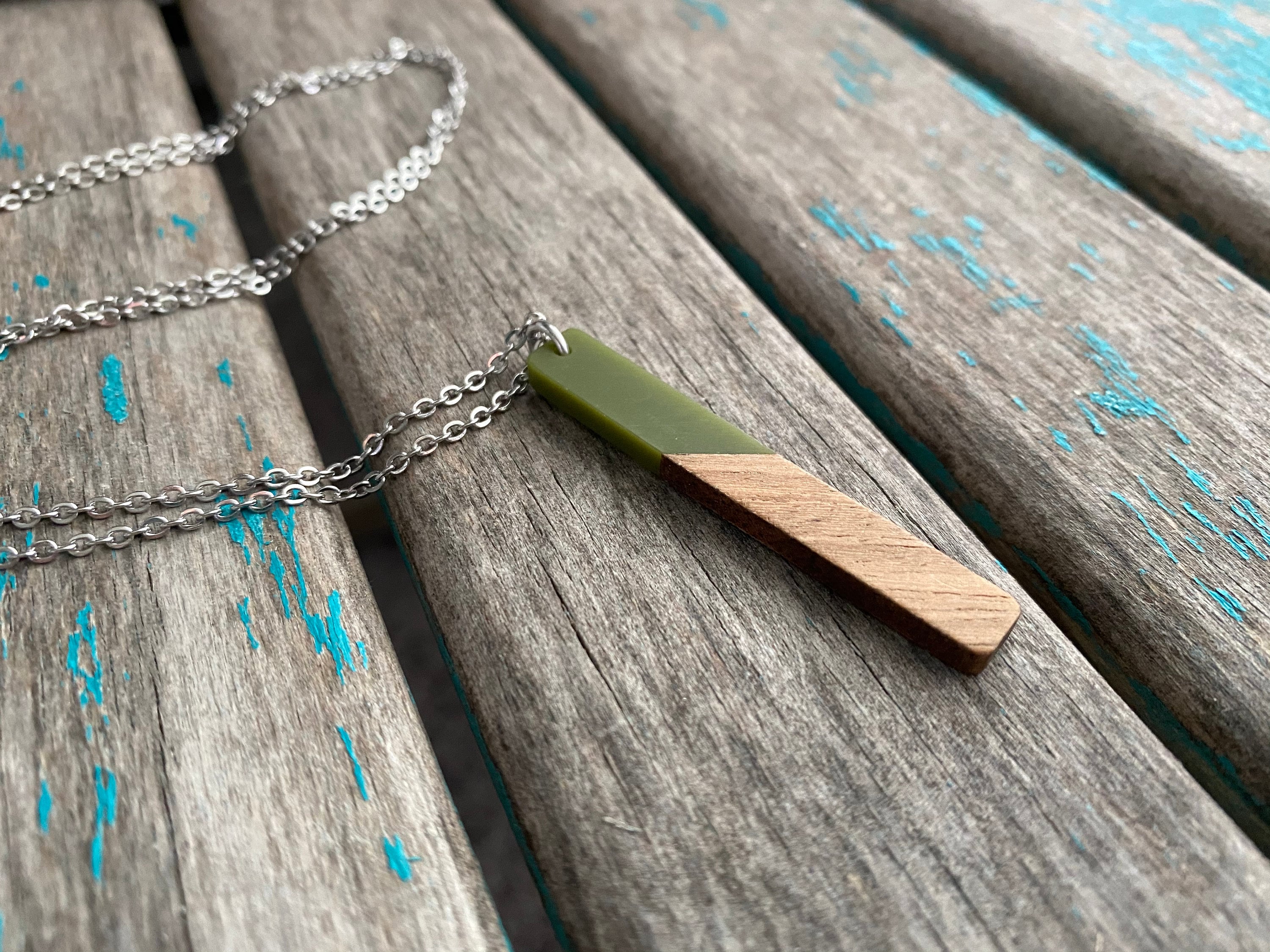 Long Wood and Green Pendant Necklace on Your Choice of Chain - Etsy