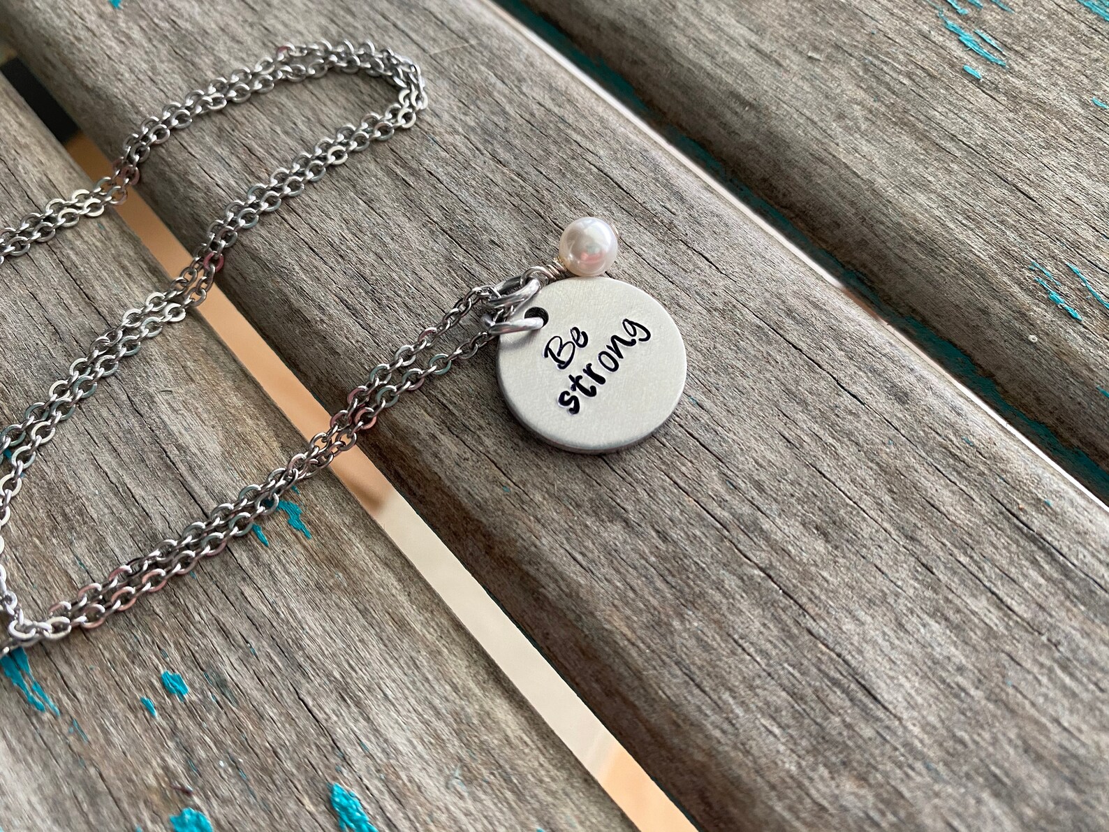 Inspiration Necklace- Hand-stamped "be Strong" With an Accent Bead in ...
