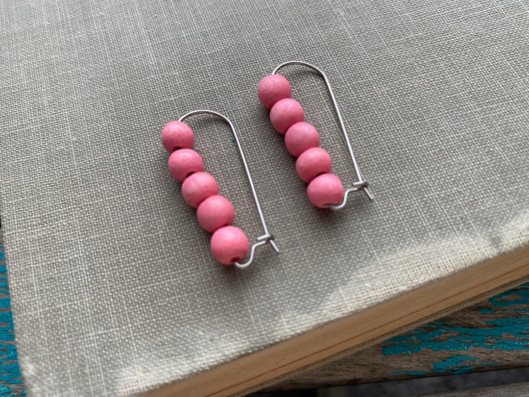 Pink Wood Bead Earrings: Stainless Steel Kidney Wire, Modern Simple ...