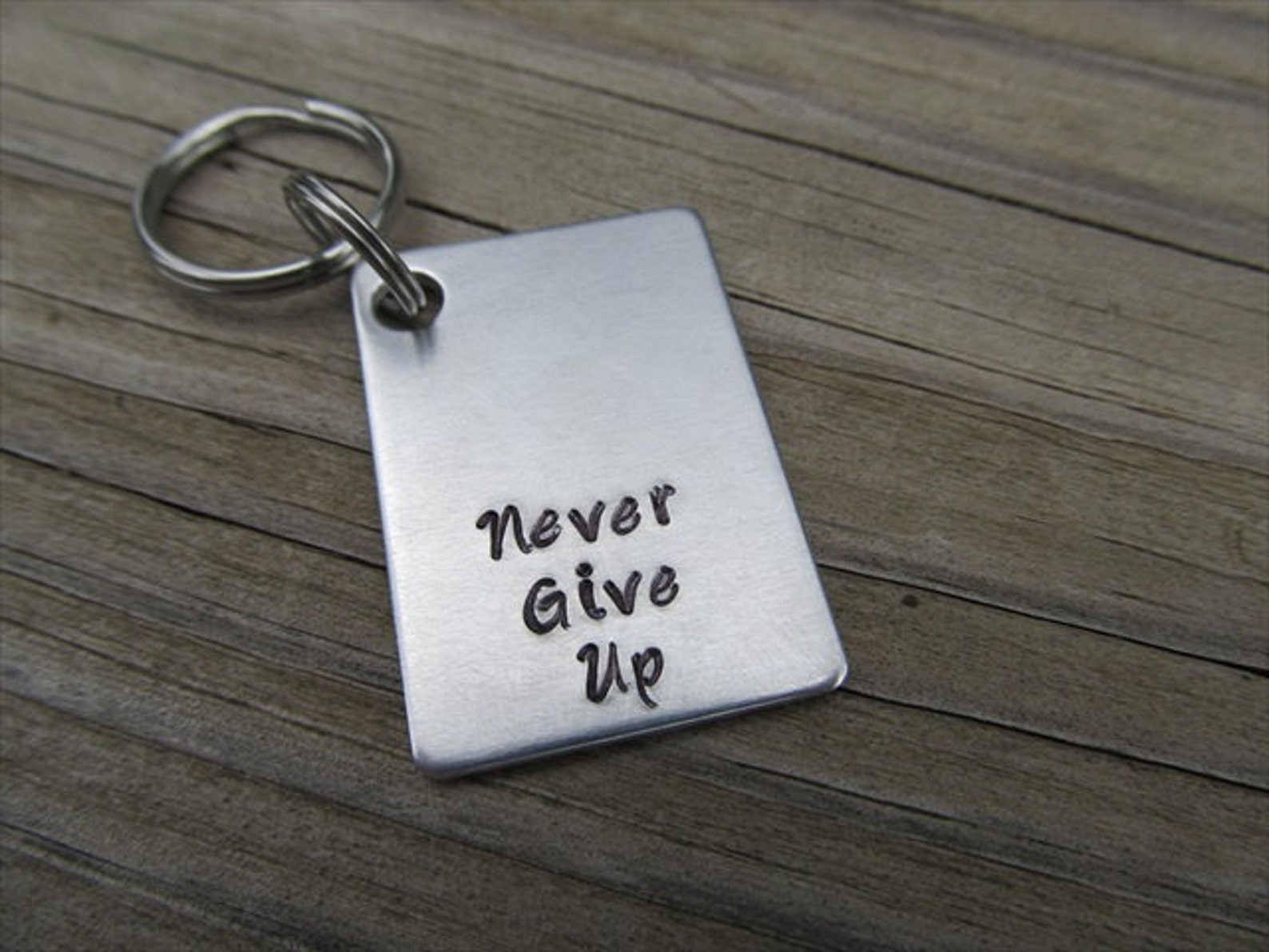 Never Give up Inspirational Keychain- Hand-stamped Keychain- "never ...