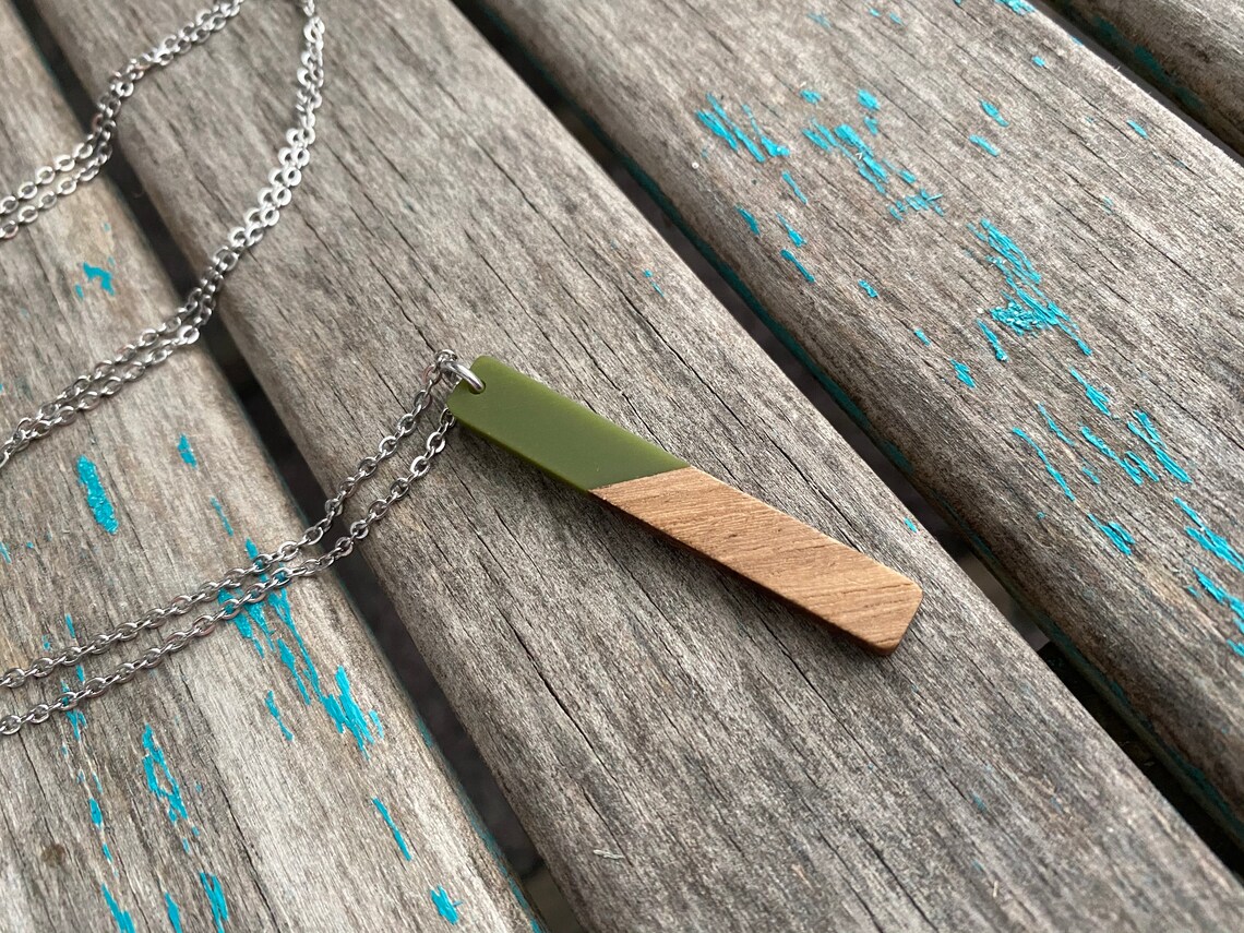 Long Wood and Green Pendant Necklace on Your Choice of Chain - Etsy