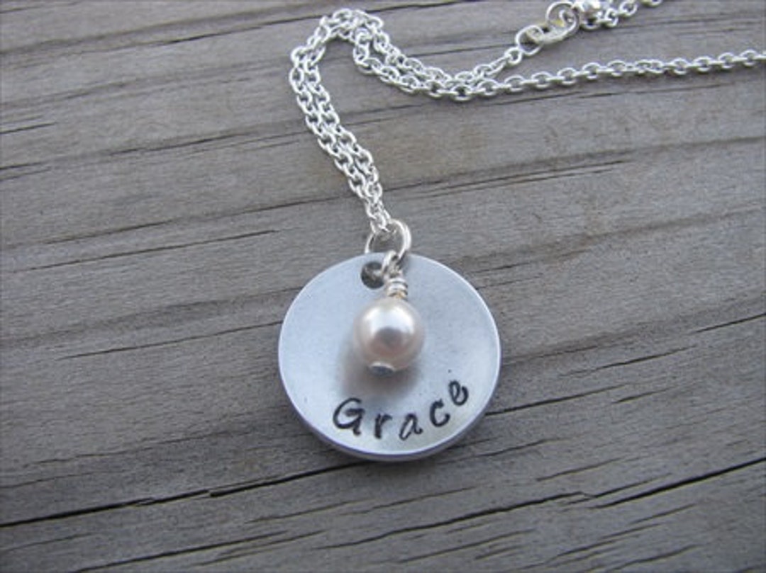 Hand-stamped "grace" Necklace: Brushed Silver Pendant With Accent Bead ...