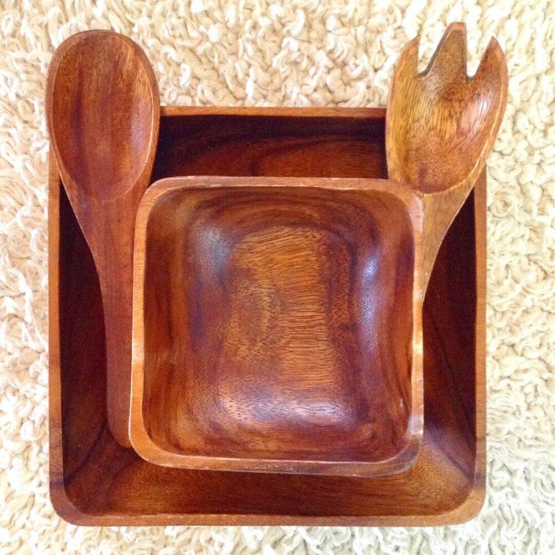 VINTAGE MCM Teak or Monkeypod Serving Set; Bowls, Spoon and Fork ...