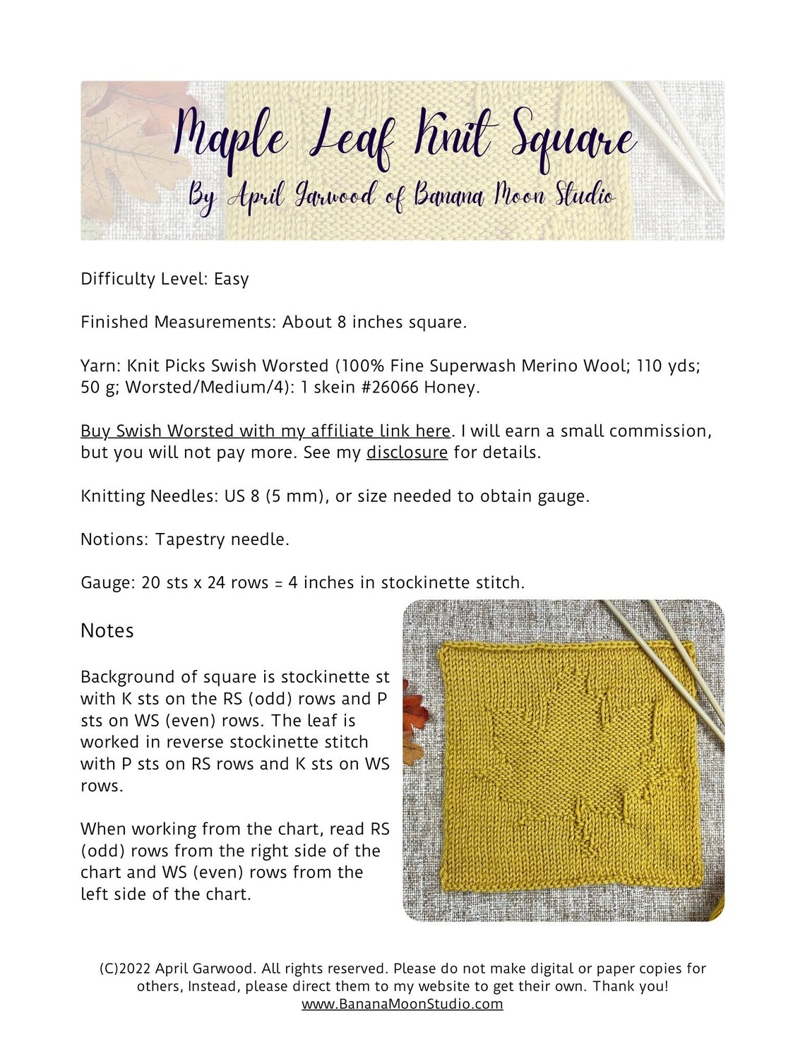 Digital Knitting Pattern for a Fall Maple Leaf Knit Square - Etsy