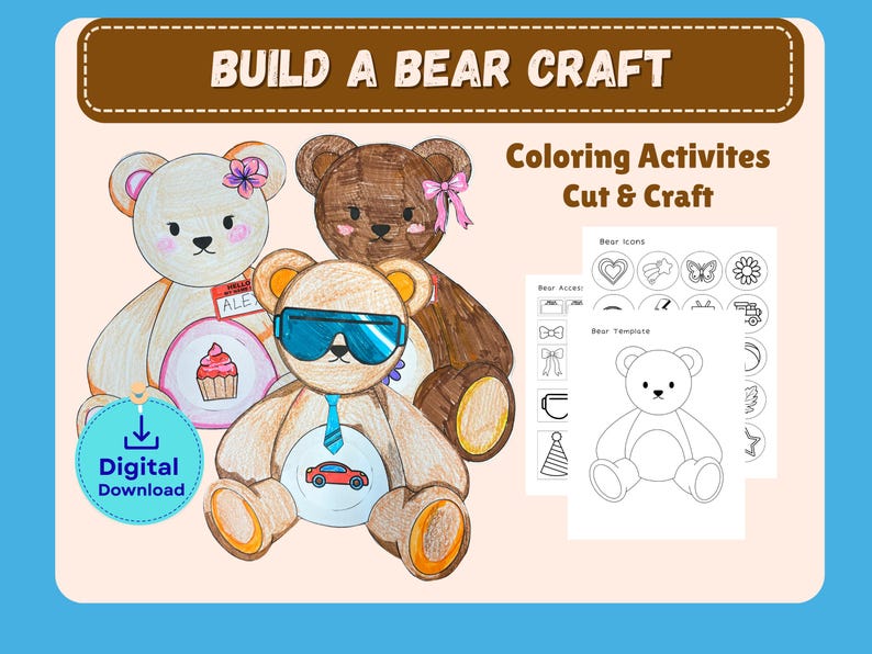Bear Printable Craft Kit: Kids Coloring Activity (PDF Download) - Etsy