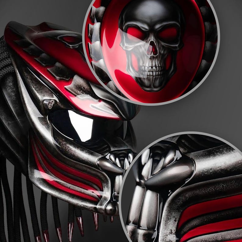 Predator Motorcycle Helmet Airbrush Art Crimson Red Fanged Skull, DOT ...