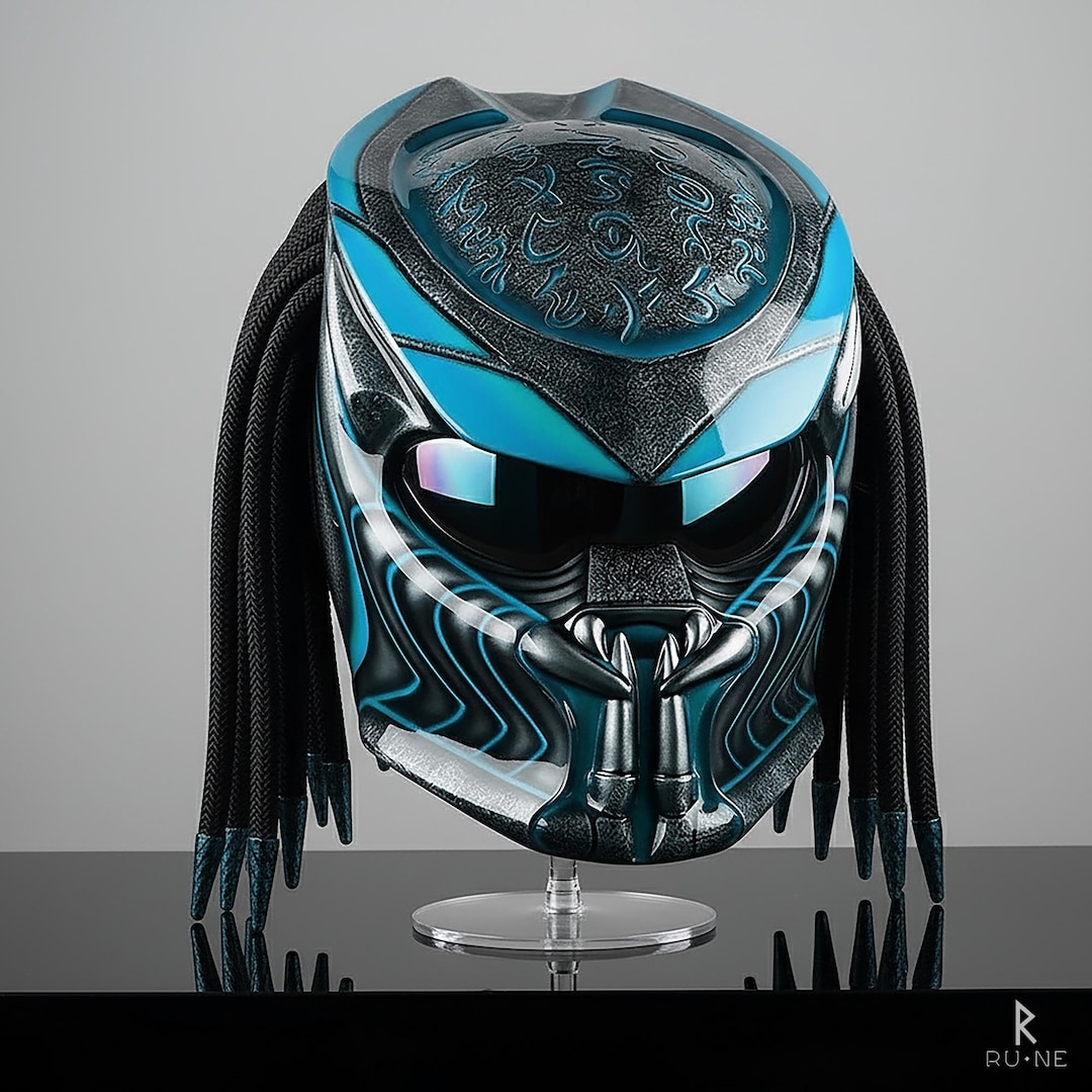 Fiery Fang Sky Blue Custom Predator Motorcycle Helmet Airbrush Hand ...