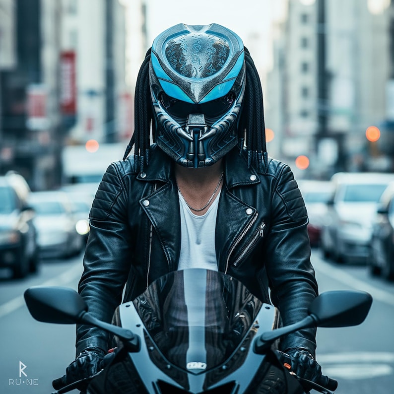 Fiery Fang Sky Blue Custom Predator Motorcycle Helmet Airbrush Hand ...
