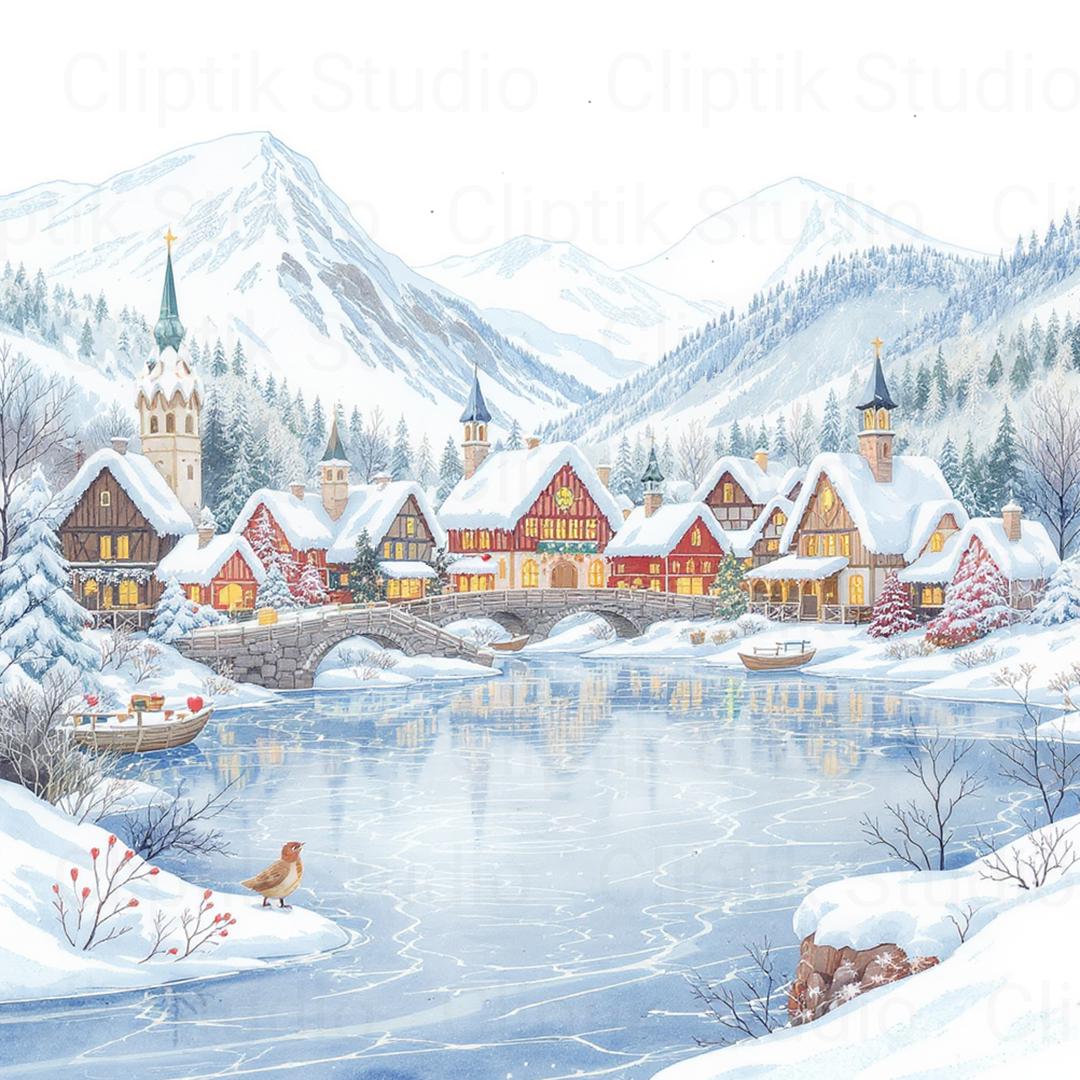 Winter Village Watercolor Clipart Bundle: Snowy Christmas Scenes ...