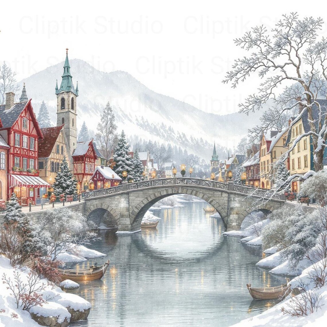 Winter Village Watercolor Clipart Bundle: Snowy Christmas Scenes ...