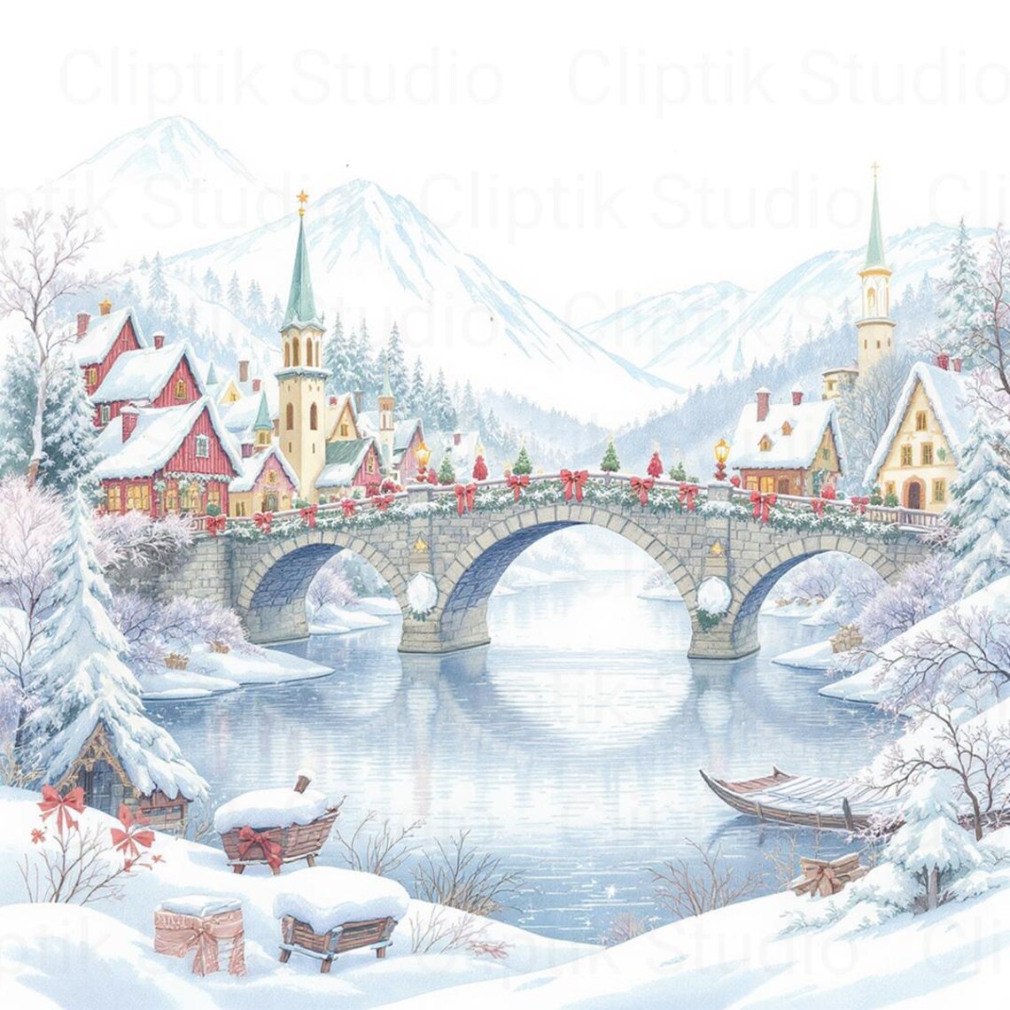 Winter Village Watercolor Clipart Bundle: Snowy Christmas Scenes ...