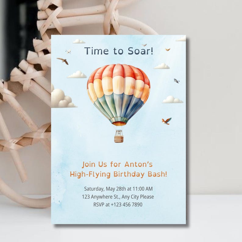 Editable Hot Air Balloon Birthday Invitation, High-flying Boy Party ...