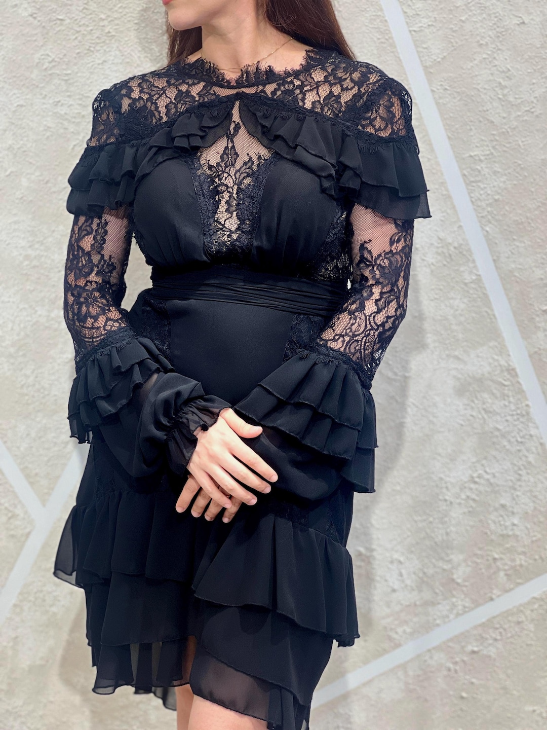 Custom Black Lace Chiffon Dress: Ruffle Detail, Sheer Sleeves Handmade ...