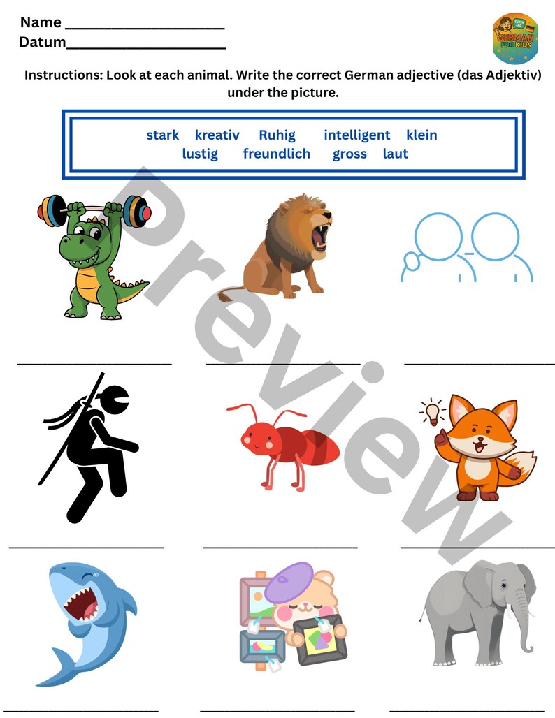 German Adjectives Worksheet – Describe the Animal (A1 Level) - Etsy