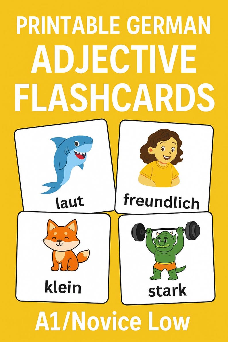 German Adjective Flashcards | A1 Novice Low Vocabulary | Printable ...