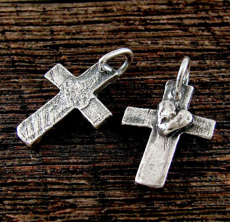 1 Artisan Sterling Silver Cross Charm With Puffed Heart Center | Etsy