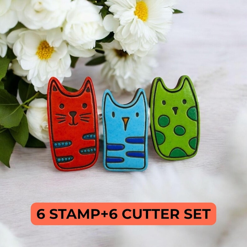 Cat Cutter & Stamp Set: 6 Feline Designs for Clay Crafts, Clay Magnet ...