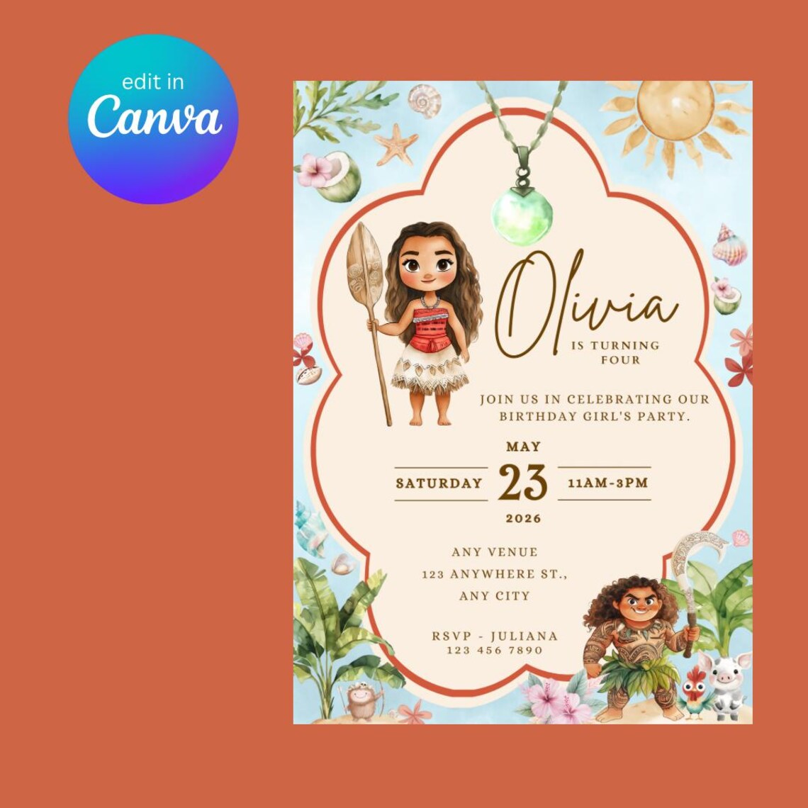 Tropical Island Birthday Invitation | Editable Canva Template | Moana ...