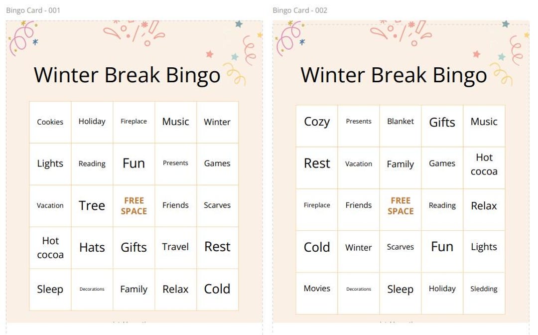 Winter Break Bingo for Kids – Printable Classroom Holiday Game for ...
