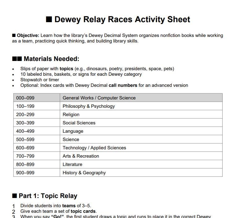 Dewey Relay Races Library Activity | Printable PDF Dewey Decimal System ...