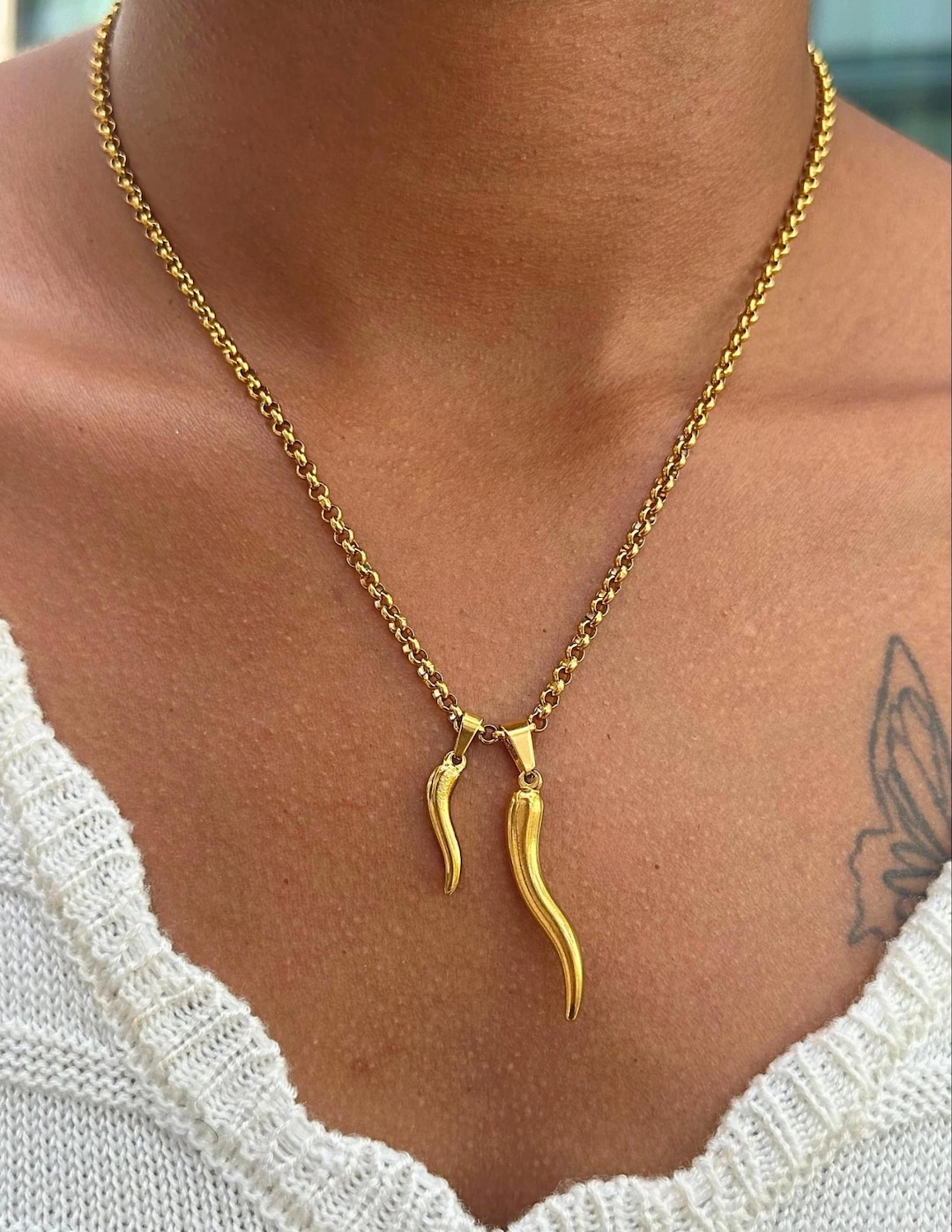 Italian Horn Charm, Mano Cornuto Gold Plated Cornetto Necklace ...