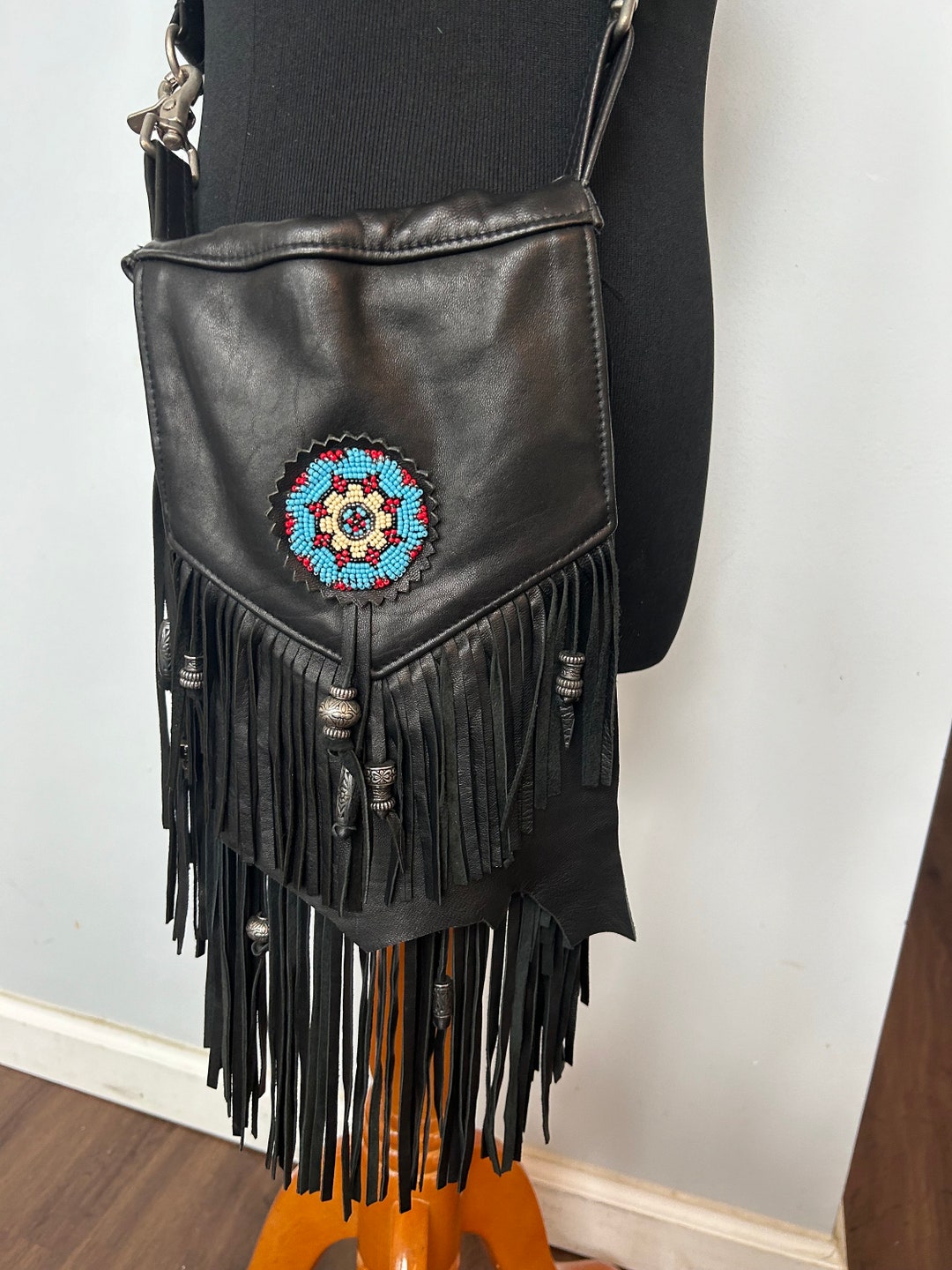 Vintage Butter Soft Black Leather Fringe Beaded Purse Biker Rocker ...