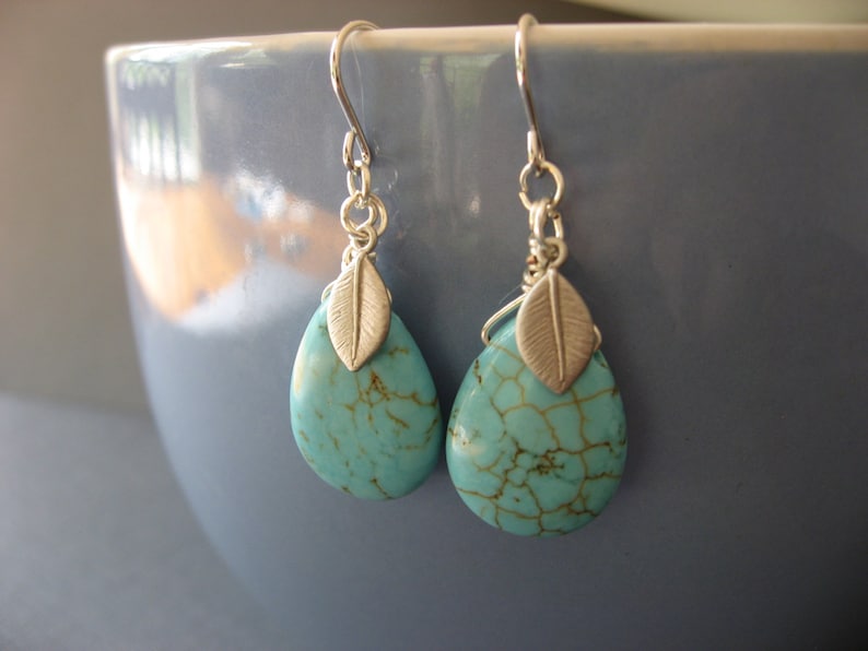 Turquoise Drop and Leaf Dangle Earrings Everyday Casual - Etsy