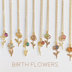 Gold Birth Flower Necklace With Birthstone, Birth Month Jewelry for Mom ...