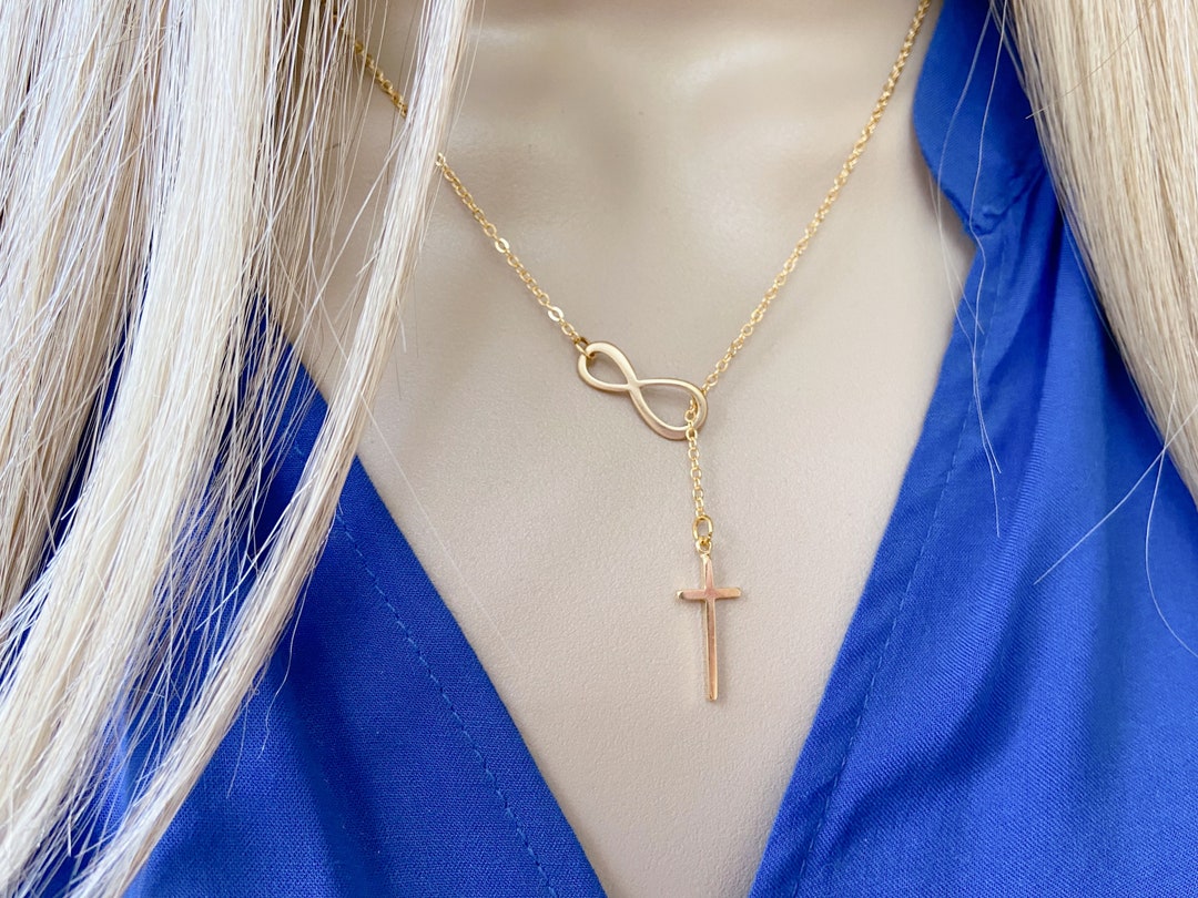 Gold Infinity and Cross Lariat Necklace, Infinity Necklace, Baptism ...