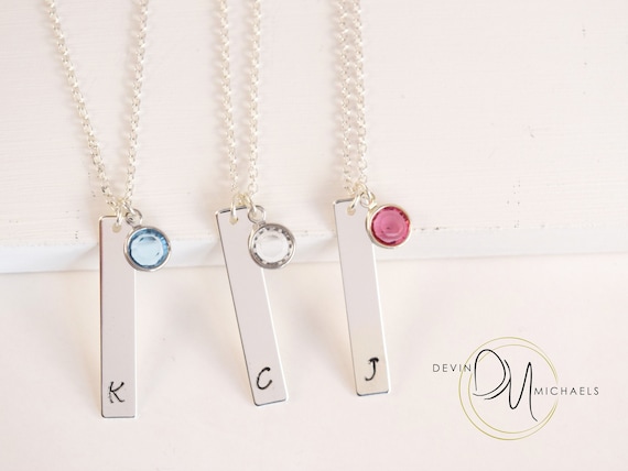 Personalized Vertical Initial Bar Necklace With Birthstone - Etsy