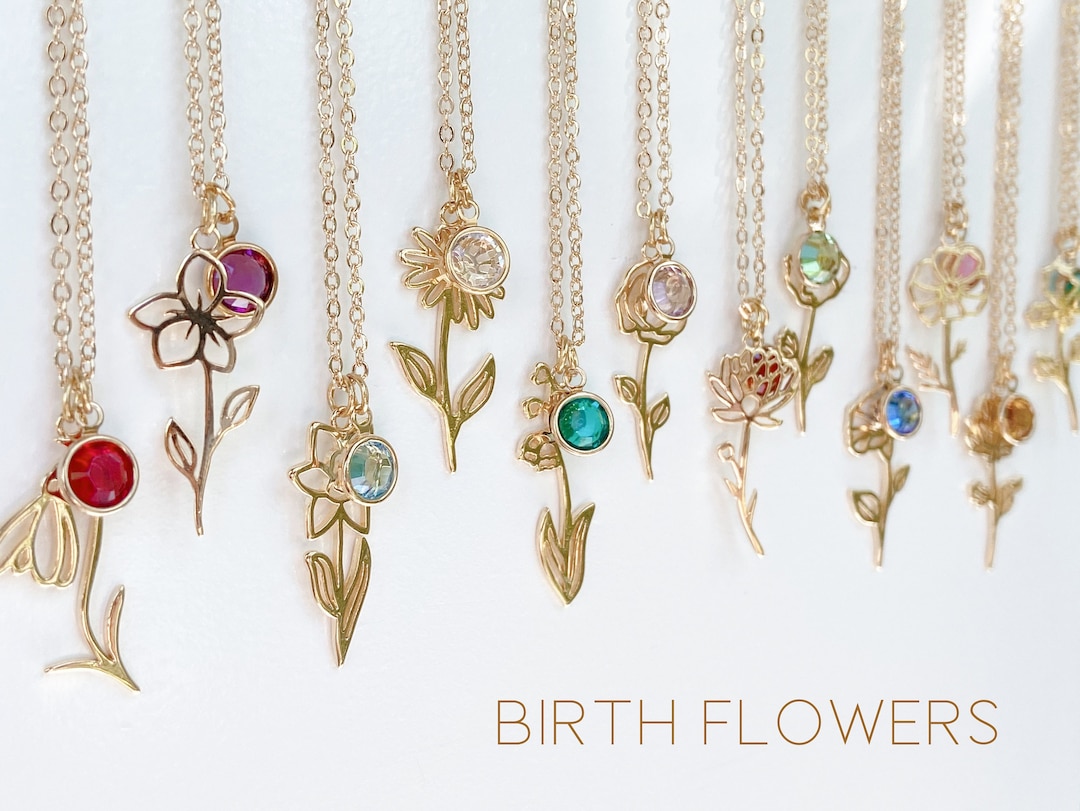 Gold Birth Flower Necklace With Birthstone, Birth Month Jewelry for Mom ...