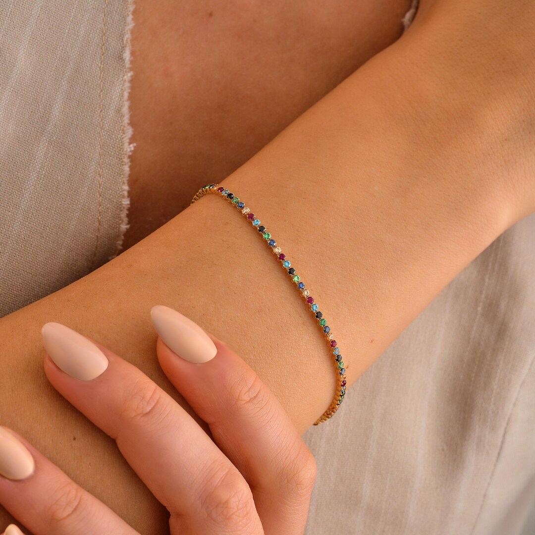 14K Solid Gold Rainbow CZ Tennis Bracelet, Dainty Multicolor Jewelry - Etsy